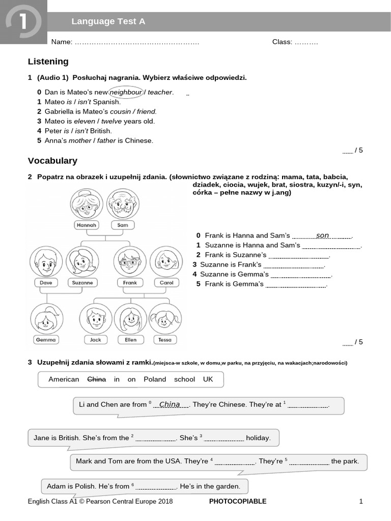 ECA1 Tests Language Test 1A New2018 | PDF
