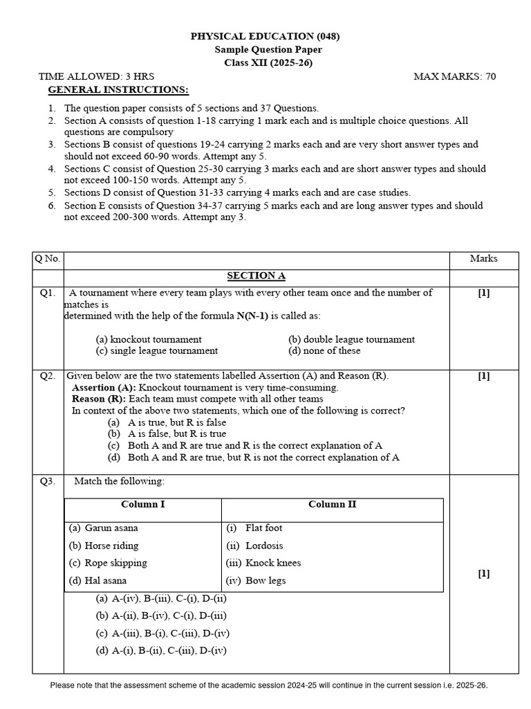 CBSE Class 12 Physical Education Sample Question Paper 2025-26 | PDF ...