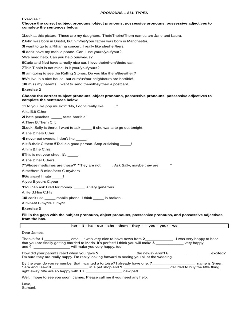 Pronouns Exercises for All Types | PDF | Linguistic Typology | Grammar