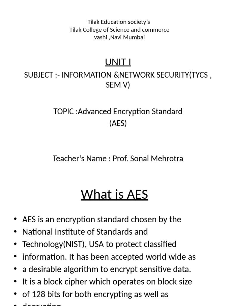 Unit I: Subject:-Information &network Security (Tycs, Sem V) TOPIC ...