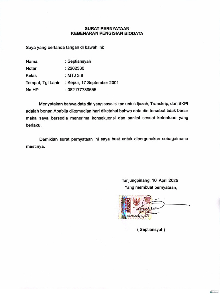 Surat Pernyataan Septiansyah | PDF