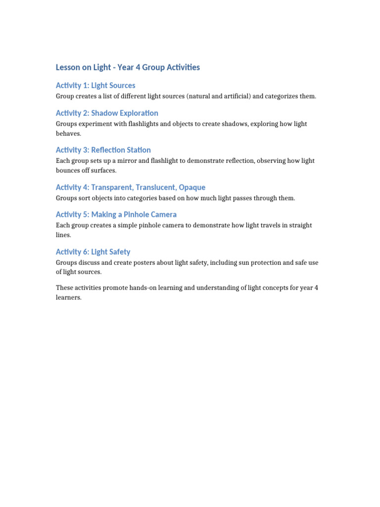 Lesson On Light Activities | PDF