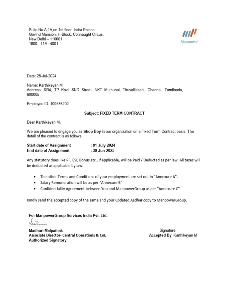 Karthikeyan M's HFS FTC Letter 2024-25 | PDF | Damages | Employment