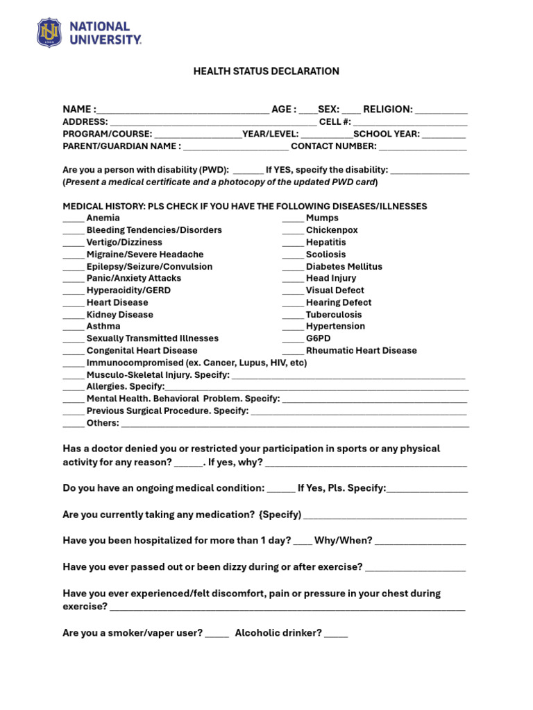 1745805575-NU MNL - Health Status Declaration | PDF | Cardiovascular ...