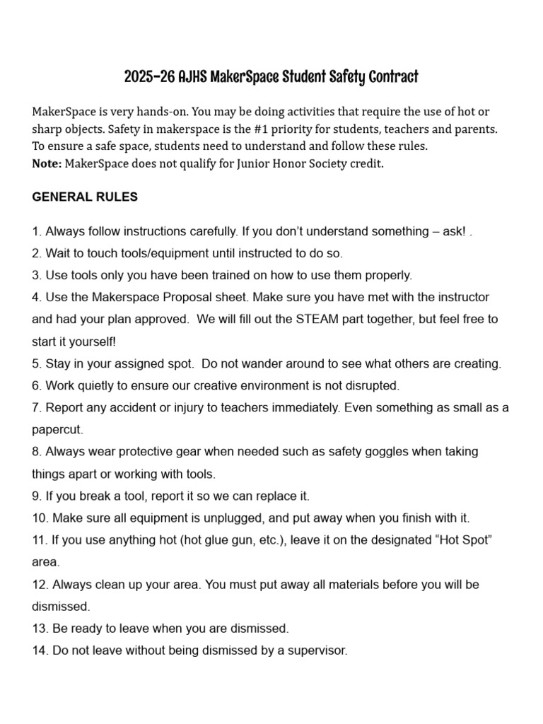 2024-25 MakerSpace Student Safety Contract 2 | PDF | Chess Openings ...