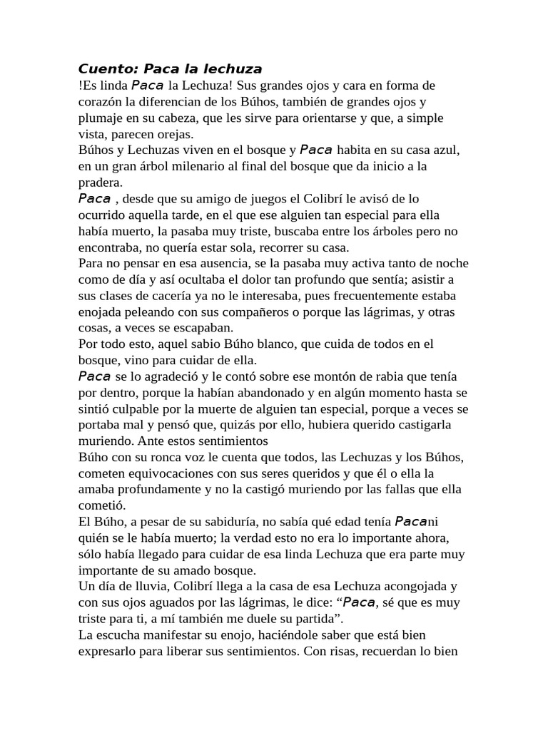 Cuento Paca La Lechuza | PDF
