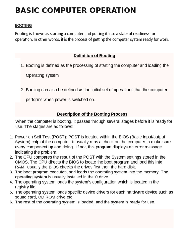 Basic Computer Operation Ss1 | PDF | Booting | Bios