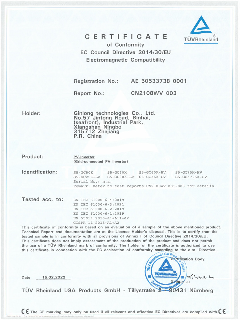 Solis Certificate EN IEC 61000-6-1 (2,3,4) EN 55011 CISPR 11 S5-GC (50 ...