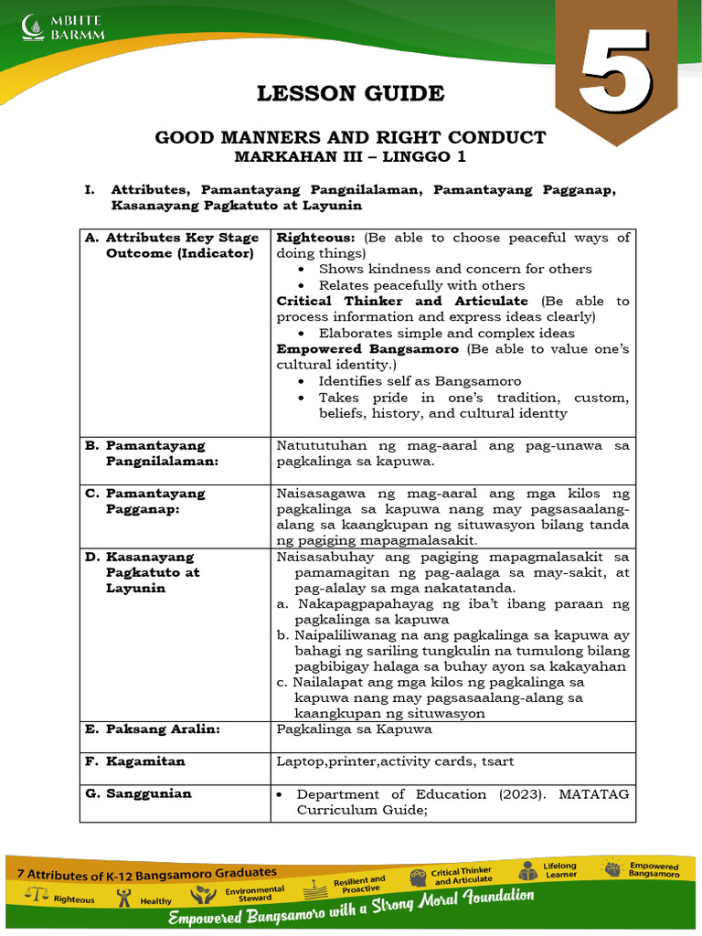 Lesson Guide: Good Manners and Right Conduct | PDF