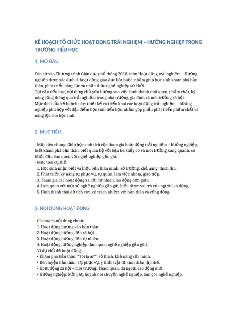 Ke Hoach Hoat Dong Trai Nghiem Tieu Hoc | PDF