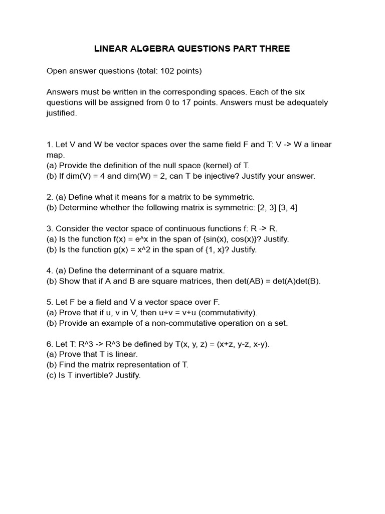 Linear Algebra Questions Part 3 | PDF