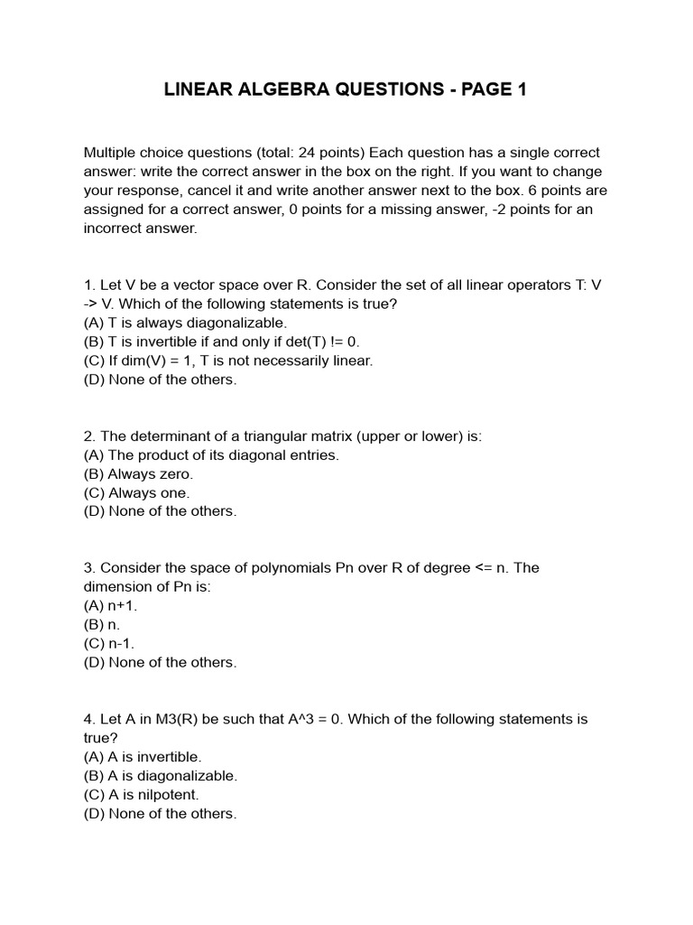 Linear Algebra Multiple Choice Questions | PDF