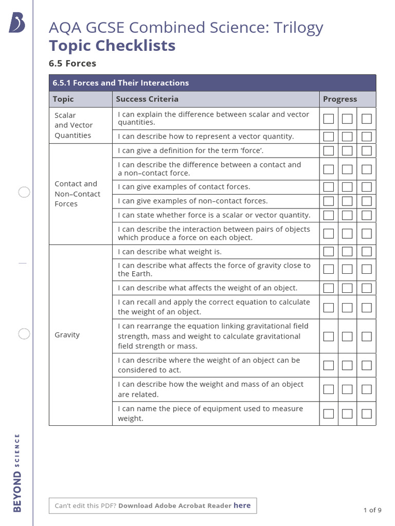 AQA GCSE Forces Topic Checklists | PDF | Force | Velocity