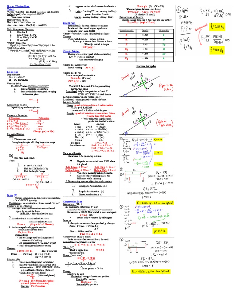 Physics I Final Cheat Sheet | PDF | Acceleration | Rotation Around A Fixed Axis