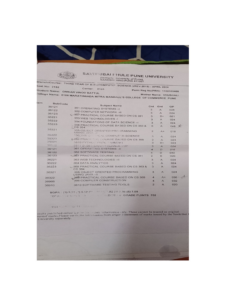 Savitribai Phule Pune University Marksheet | PDF