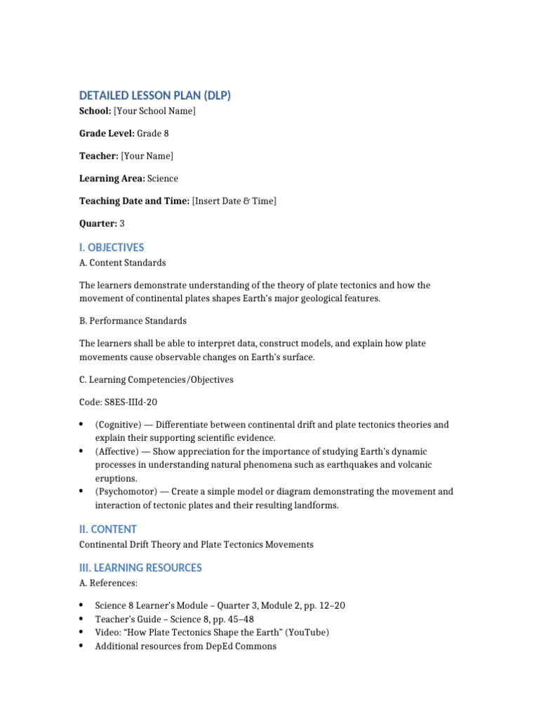 Detailed Lesson Plan Continental Drift and Plate Tectonics | PDF ...