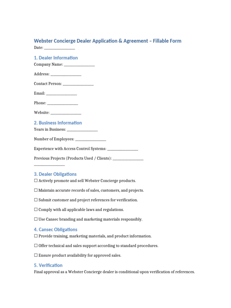 Webster Concierge Dealer Agreement Form Final | PDF