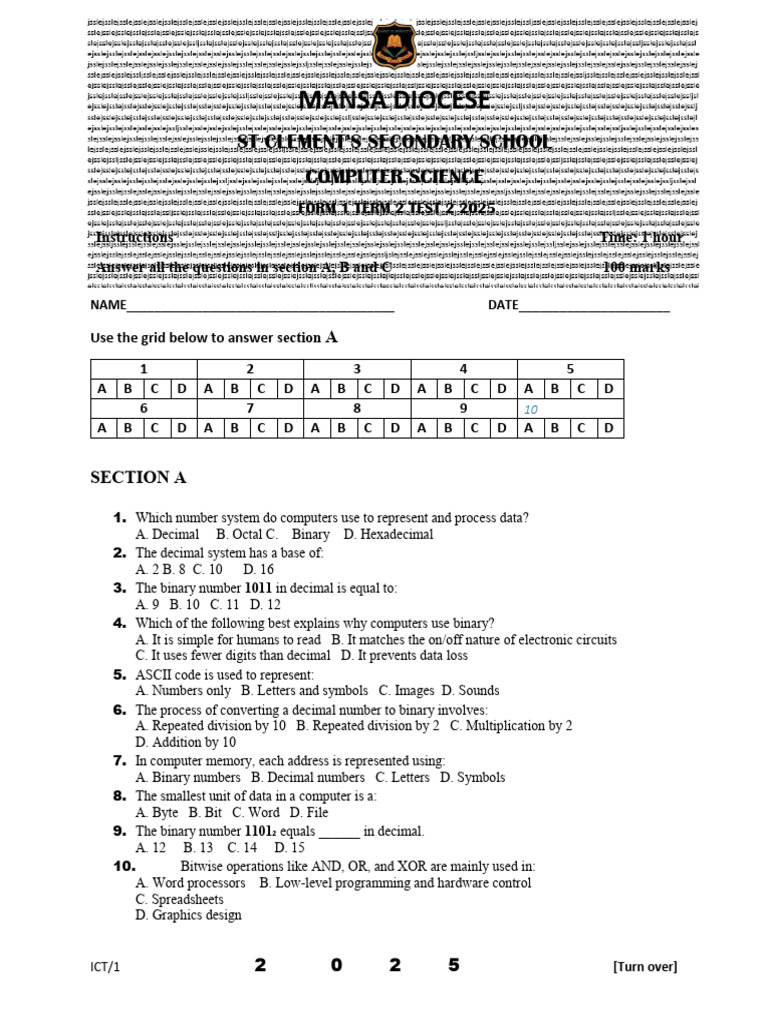 Form 1 Computer Science Test 2025 | PDF | Computer Data | Encodings