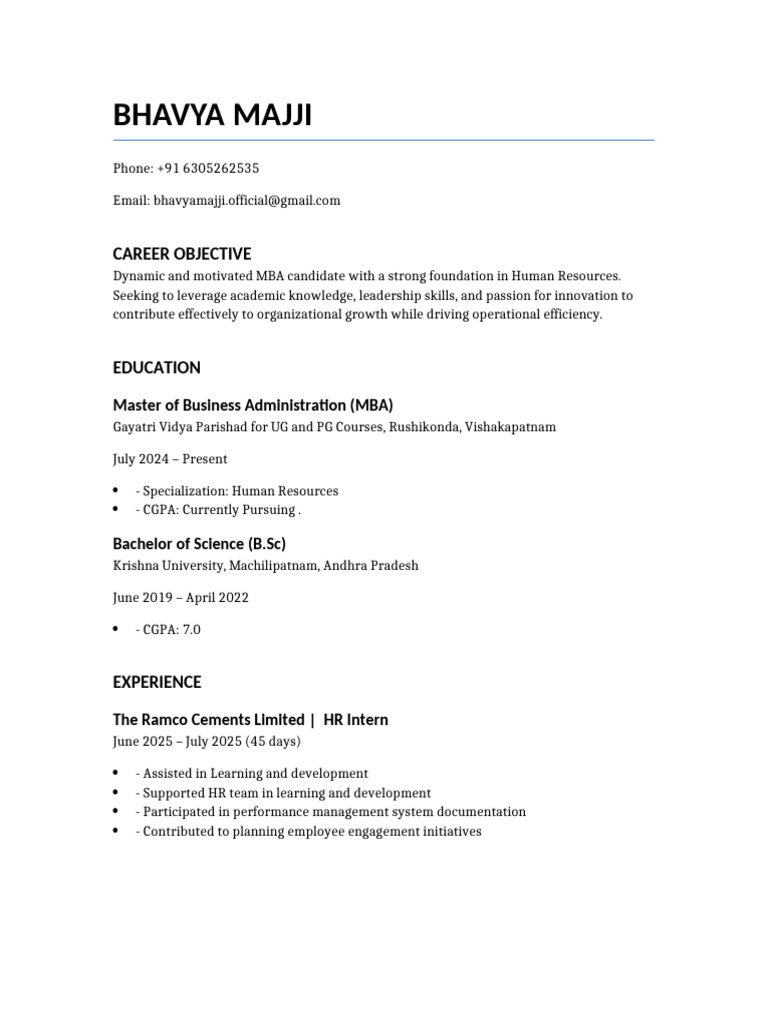 MBA HR Candidate Resume Summary | PDF