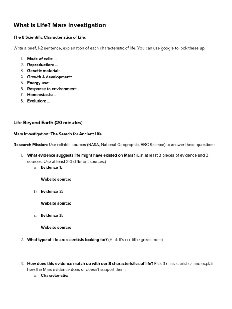 Mars Life Investigation: Key Characteristics | PDF
