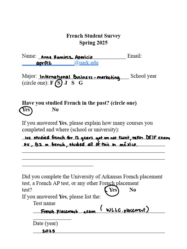 French Student Survey 2025 | PDF | Linguistics