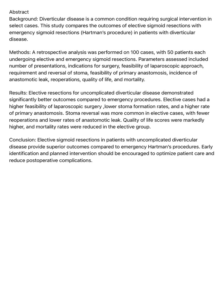 Elective vs. Emergency Sigmoid Resection Outcomes | PDF