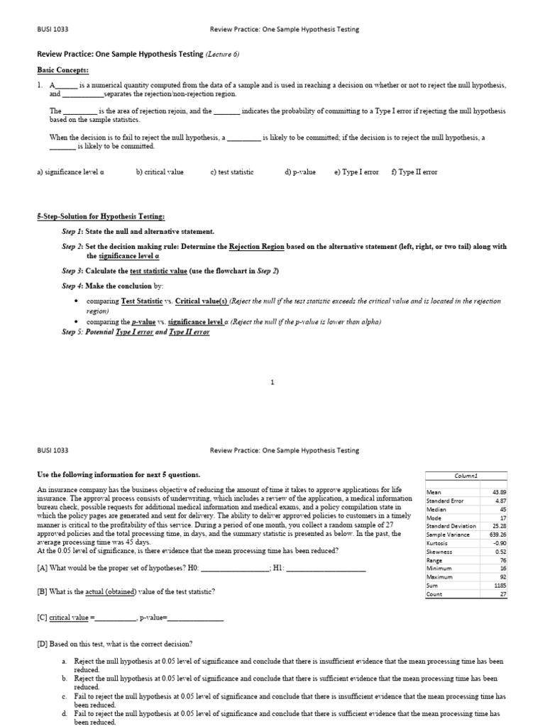Review - One Sample Hypothesis Testing | PDF | P Value | Type I And ...
