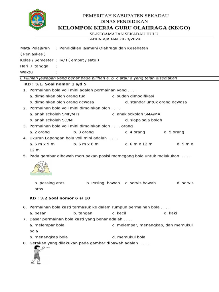 Pjok Soal Kls 4 SMTR 1 2023 | PDF
