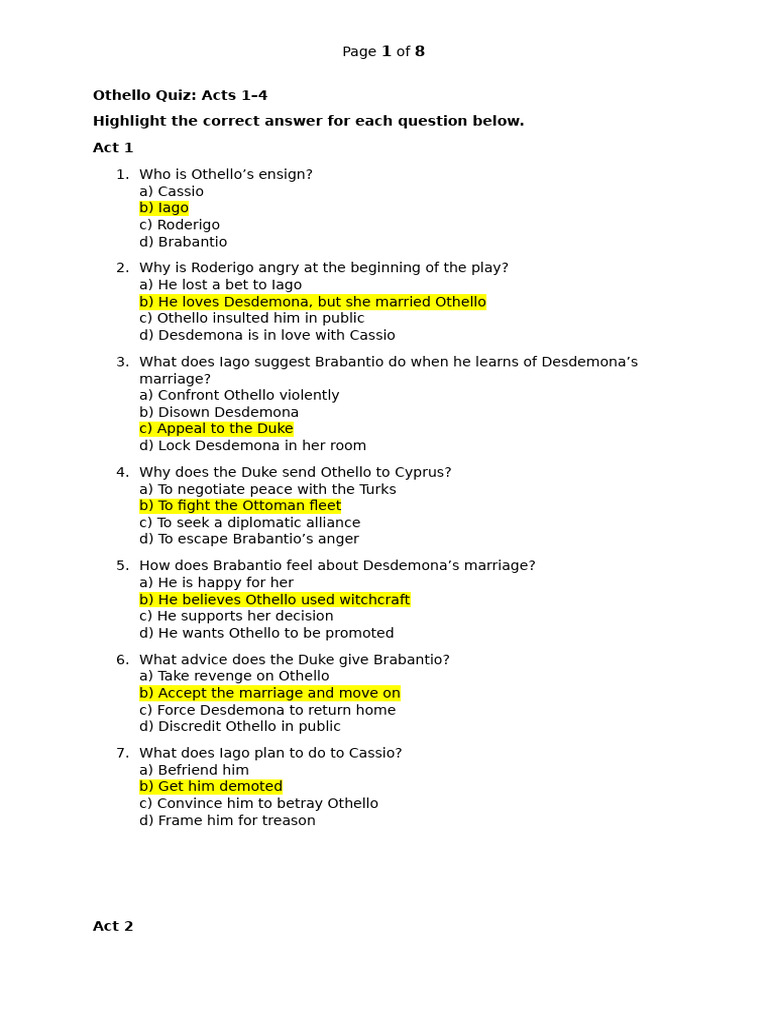 Othello Quiz 1 | PDF | Othello | Iago