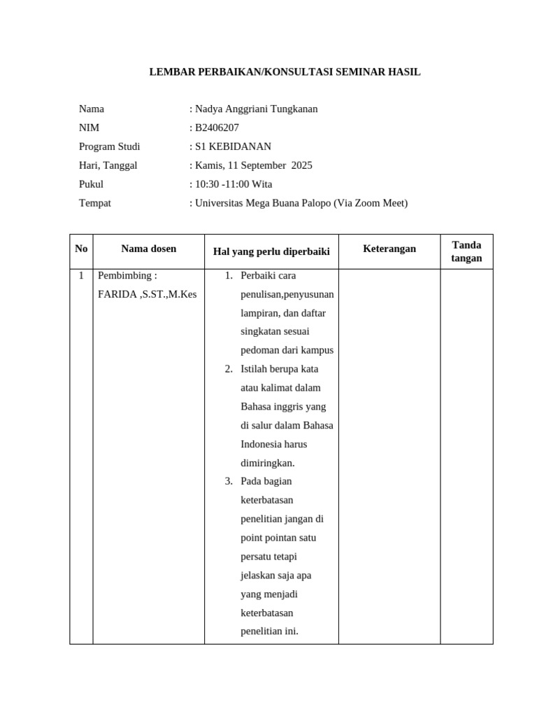 Lembar Perbaikan Proposal Nadya | PDF