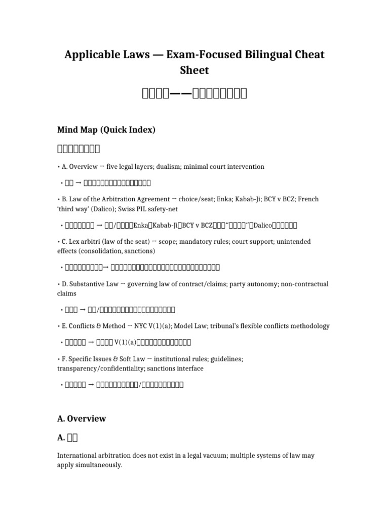 3-Applicable Laws Bilingual Cheat Sheet | PDF | Arbitration | Justice