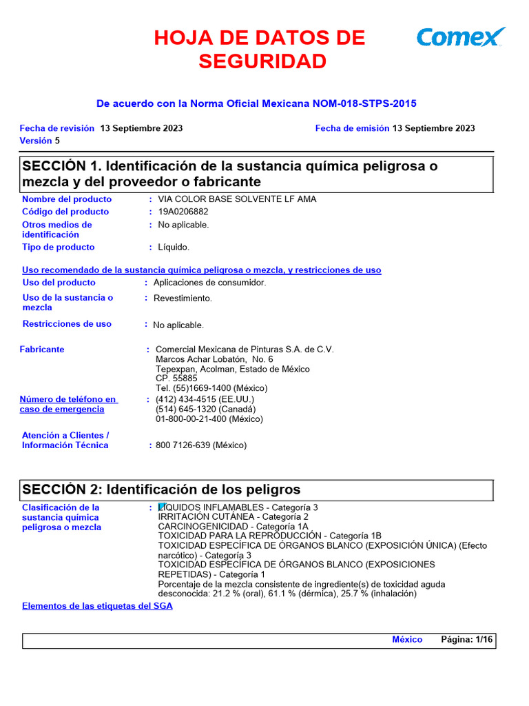 Hoja de Seguridad: Via Color Base Solvente | PDF | Óxido | Solvente
