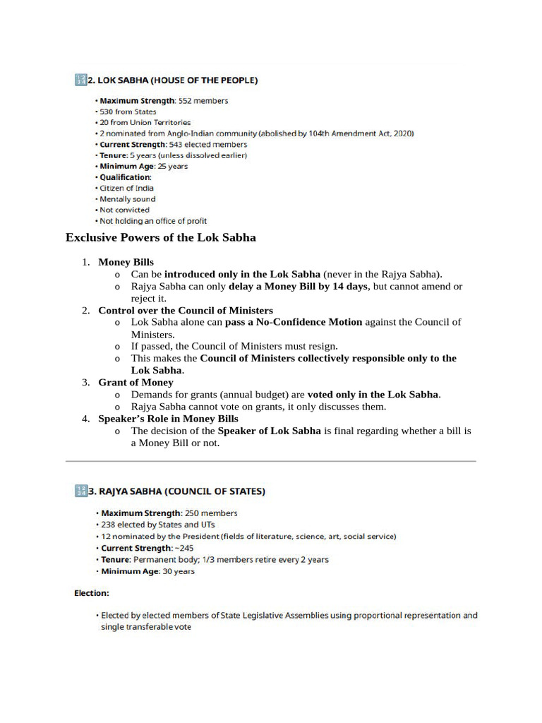 Lok Sabha Exclusive Powers Explained | PDF | Government | Political Law