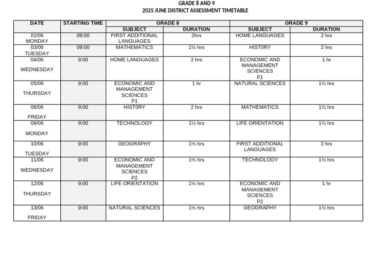 Grade 8 & 9 Exam Timetable 2025 | PDF