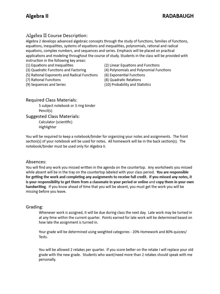 Algebra II Course Overview and Policies | PDF | Mathematics | Algebra
