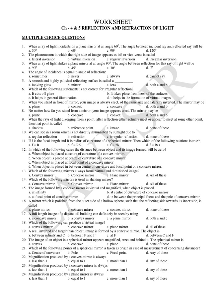 Light Reflection and Refraction Quiz | PDF | Mirror | Refractive Index