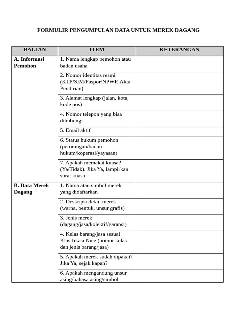 Formulir Pengumpulan Data Merek Dagang | PDF