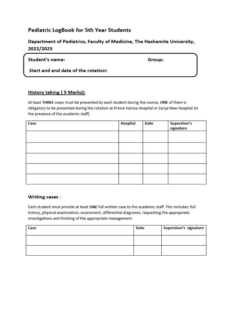 Pediatric Logbook for 5th Year Students | PDF
