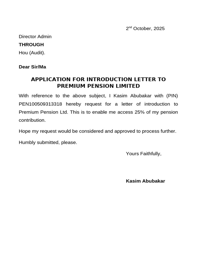Request for Pension Introduction Letter | PDF