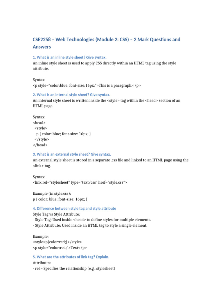 CSE2258 Module2 CSS 2marks Answers | PDF | Html Element | Html
