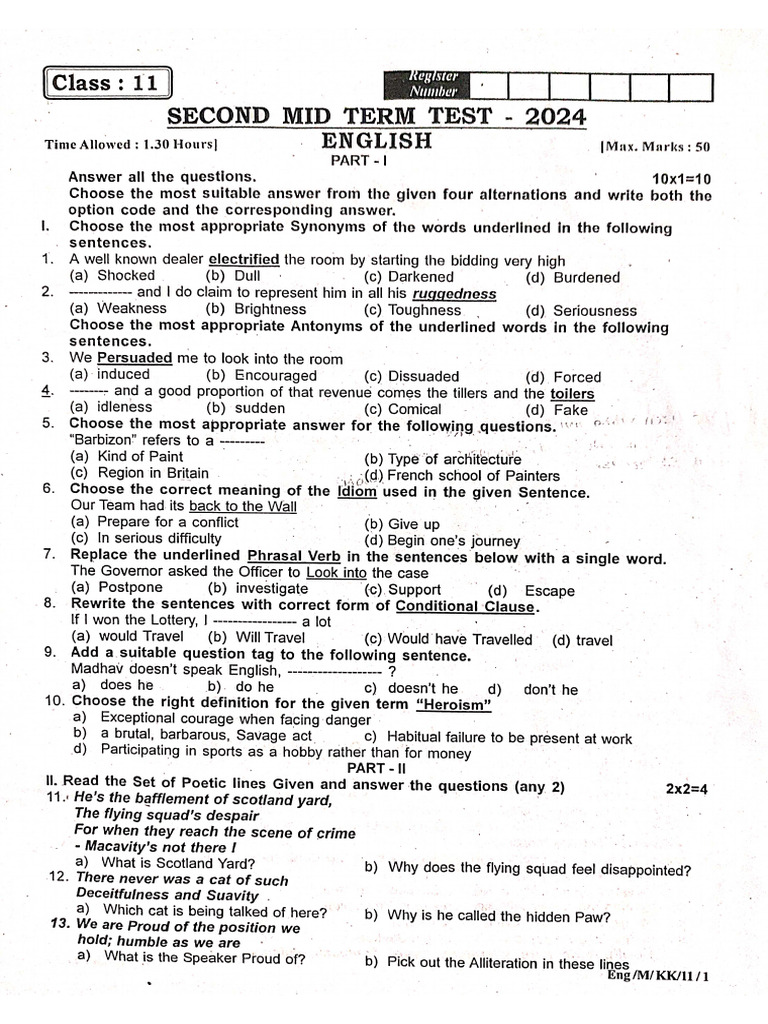 11th English 2nd Mid Term Exam 2024 Original Question Paper ...