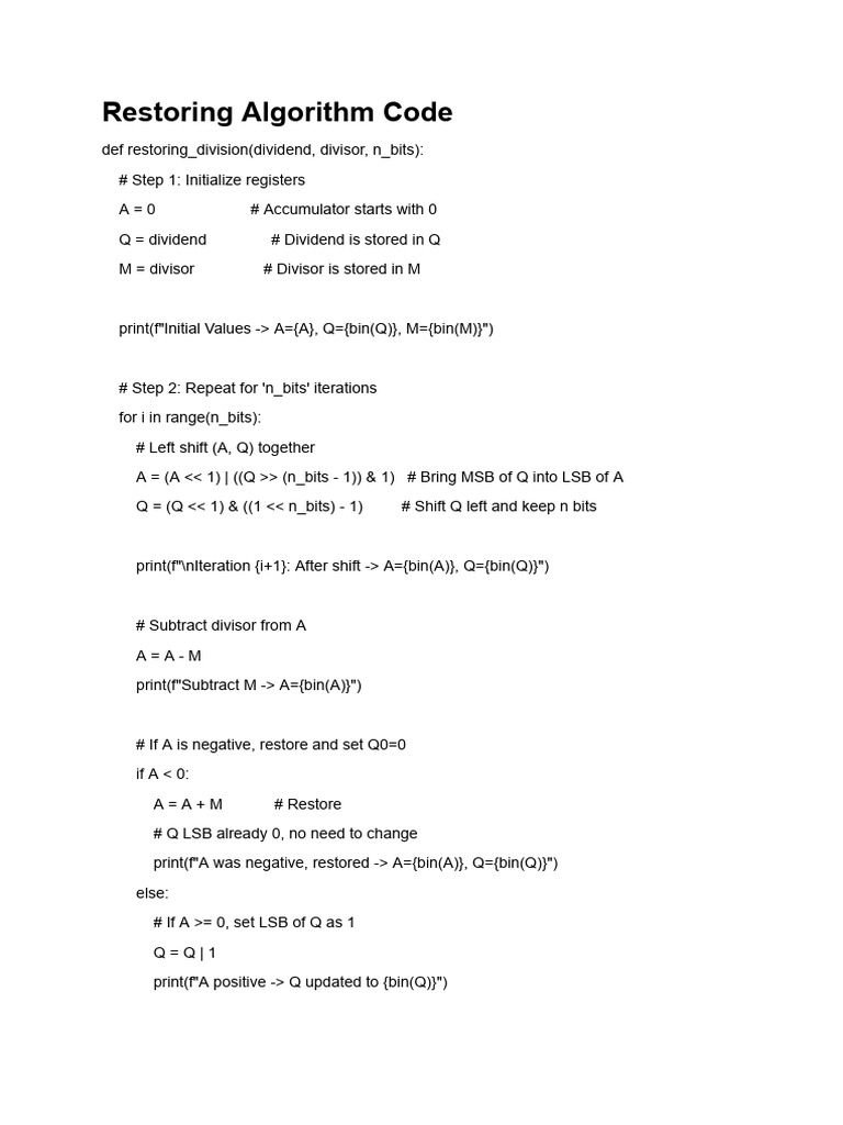 Restoring and Nonrestoring Algorithm Code | PDF | Division (Mathematics) | Discrete Mathematics