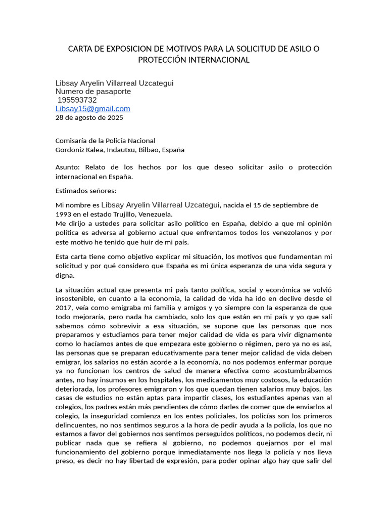 Carta de Solicitud de Asilo o Libsay | PDF