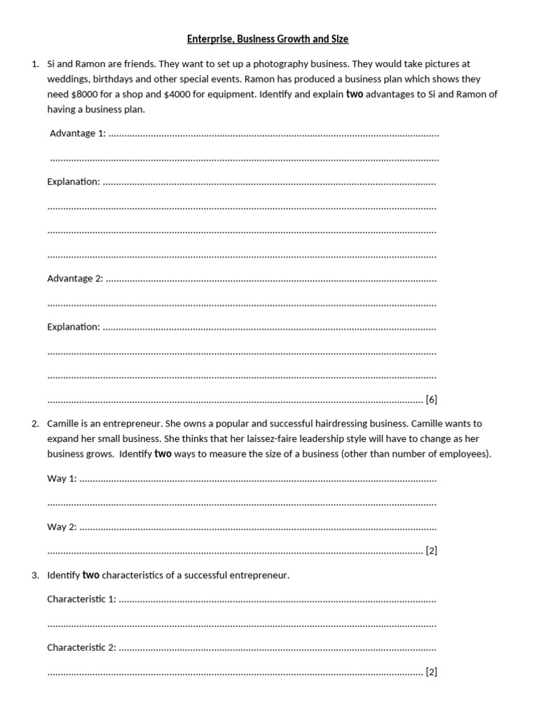 Business Topical CH Enterprise, Business Growth and Size Worksheet ...