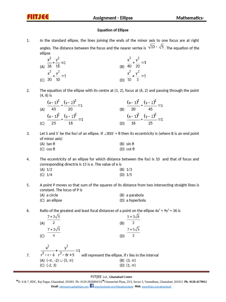 Mathematics Assignment on Ellipses | PDF | Ellipse | Euclidean Plane ...