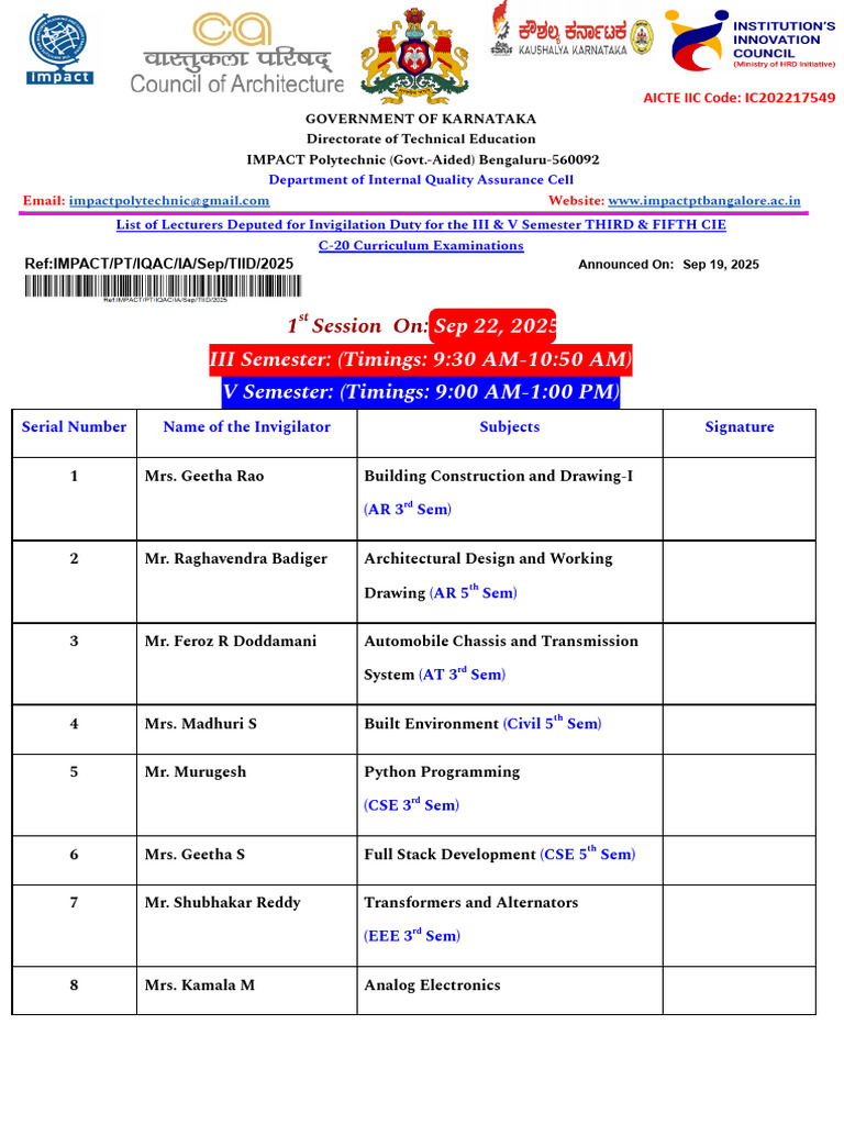 3rd & 5th Sem 1st Session Invigilation Duty (22!09!2025) | PDF ...