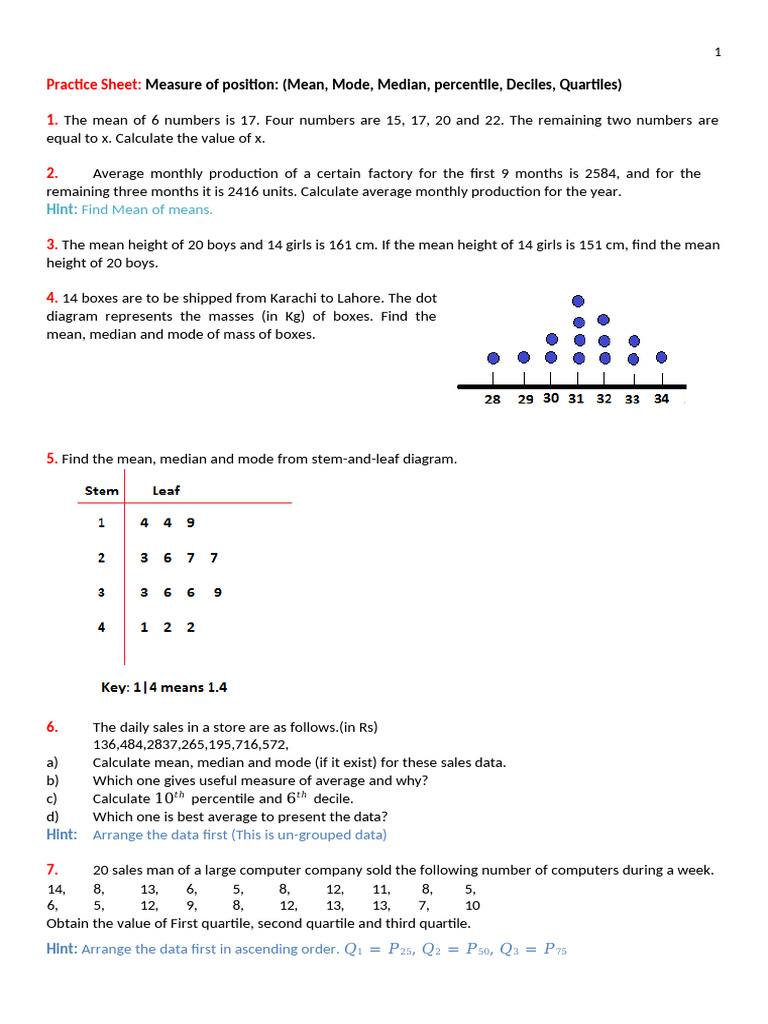 Measure of Position (Practice Sheet) | PDF | Mean | Percentile