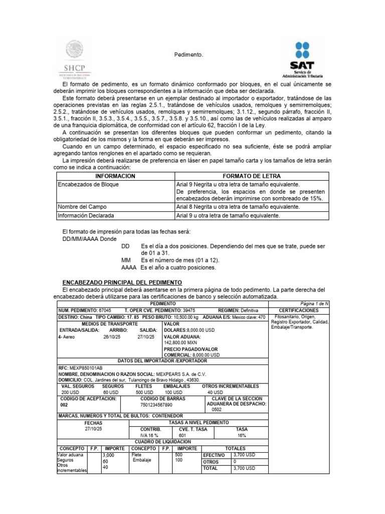 Formato de Pedimento Aduanero Detallado | PDF