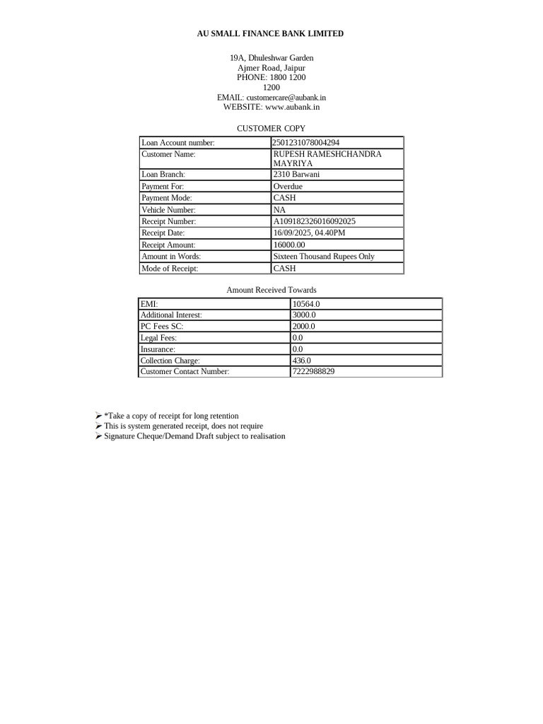 AU Small Finance Bank Payment Receipts | PDF | Receipt | Cheque