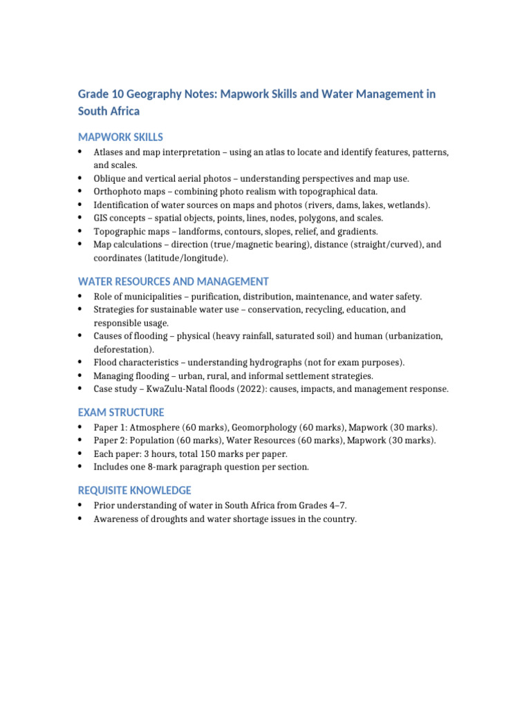 Grade 10 Geography Mapwork and Water Notes | PDF